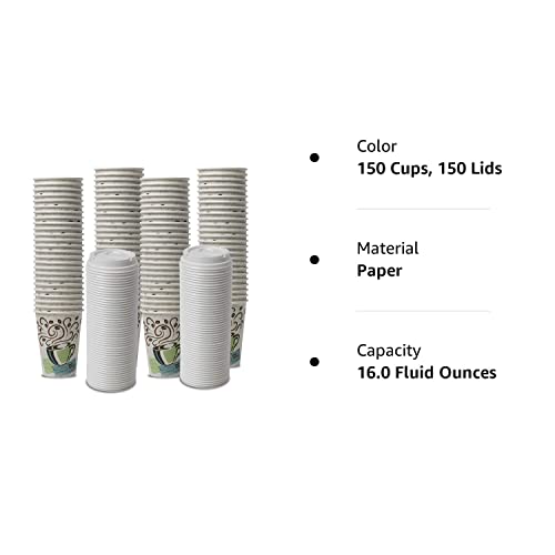 Dixie PerfecTouch WiseSize Coffee Design Insulated Paper Cup, 16oz Cups and Lids Bundle (16 oz, 150 Cups, 150 Lids)
