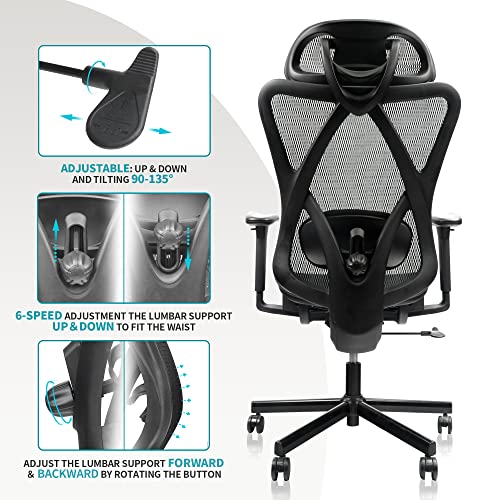 Mesh Office Chair, Ergonomic Office Chair with Adjustable Lumbar Support, Armrest, Headrest - Tilt High Back Desk Chair with Mute Wheel for Office, Home, Gaming
