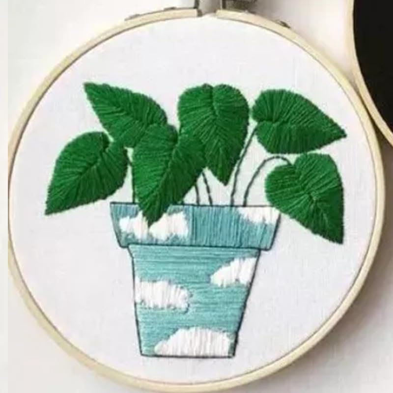 Stamped Embroidery Starters Kits with Pattern Green Plant for Beginners with Hoops Cloth Color Threads DIY Cross Stitch Kits Needlework Art for Adults Students Home Decoration