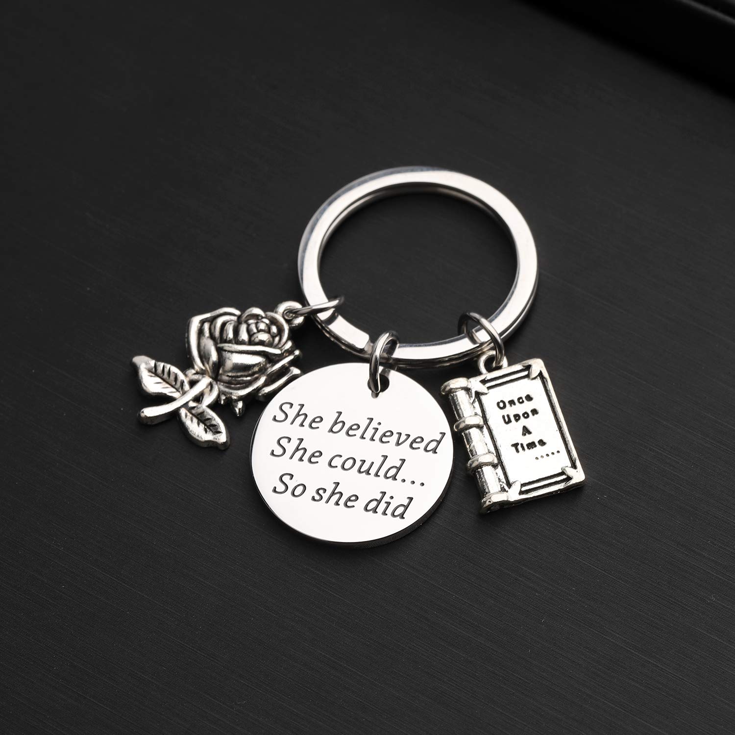 ENSIANTH Inspirational Gift The Beast Jewelry A Tale As Old As Time Keychain Princess Keychain Wedding Gift for Her (She Believed Flower Key)