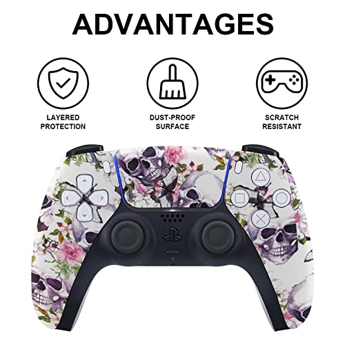 Human Skulls with Flowers and Butterflies Full Protective Skin Cover Design Wrap Decal Sticker Compatible with PS5 Disk Version Console and Controller