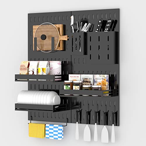 Metal Pegboard for Kitchen 4 Pcs, NaneTidy Pegboard Wall Organizer Kits and Accessories (Include 3 x Spice Racks, 5 x Hooks, 1 x Knife Holder, 1 x Utensil Holder, 1 x U-Rack, 1 x Towel Rack), Black