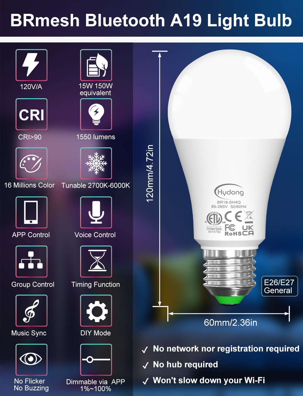 HYDONG Smart Light Bulbs, 15W Color Changing Light Bulbs Compatible with Alexa Only, A19 Alexa Light Bulbs, Tunable 2700K-6000K E26/E27 Bluetooth LED Lights for Bedroom, Living Room 1Pack