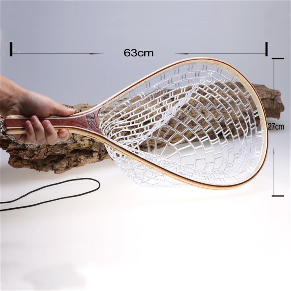 DHLink Wooden Handle Fly Fishing Landing Trout Clear Rubber Net Catch