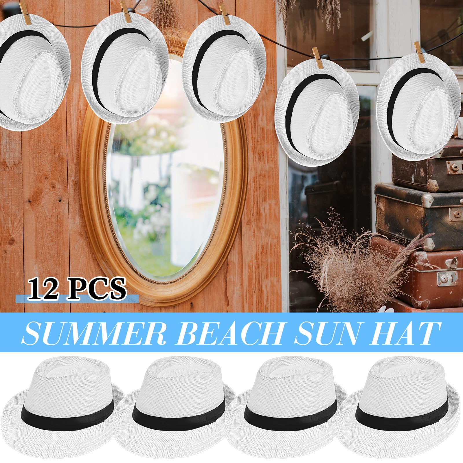 Hicarer Straw Hats Bulk Beach Sun Hats Pork Pie Packable Wide Brim Hat Woven Hat for Men Women Wedding Beach Party(24 Pcs, Milk White)