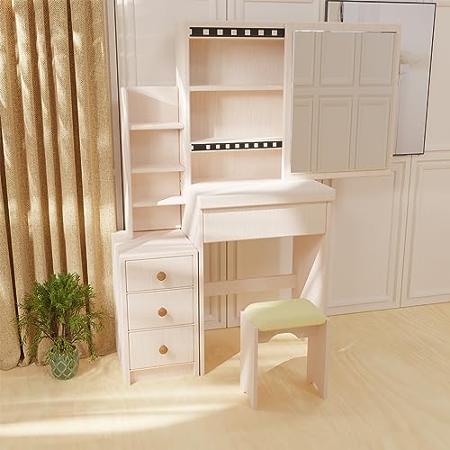 Susici Modern Makeup Vanity Table with Adjustable Lighted Mirror,Dressing Table Set with High Capacity Storage Drawers Shelves&Cushioned Stool,Vanity for Bedroom (Sliding Square Mirror2, 31.5x14x51)