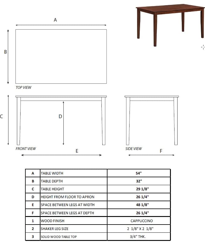 KB Designs - 54" Rectangular Solid Wood Kitchen Dining Table, Cappuccino