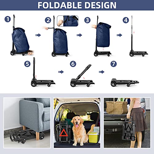 SELORSS 2-in-1 Foldable Utility Cart, Portable Grocery Shopping Cart with Wheels, Telescoping Handle and Removable Waterproof Bag, Collapsible Lightweight Large Capacity Hand Truck for Supermarket