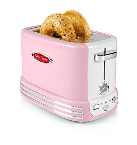 Nostalgia Retro Countertop Microwave Oven - Large 800-Watt - 0.9 cu ft - 12 Pre-Programmed Cooking Settings - Digital Clock - Kitchen Appliances - Pink & Retro Wide 2-Slice Toaster, Vintage Design