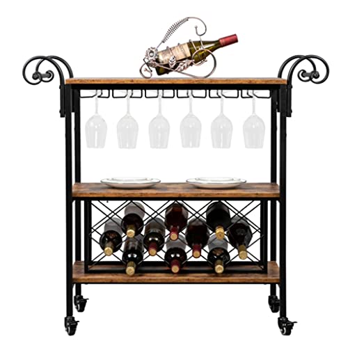 JAHH 2-Layer Double-Armrest Diamond Wine Bottle Rack 1.5mm Thick Fire Pattern Density Board Movable Iron Wood Wine Cart