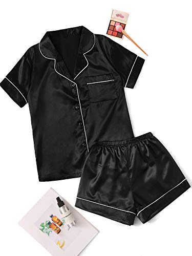 SweatyRocks Women's Short Sleeve Sleepwear Button Down Satin 2 Piece Pajama Set Black Large