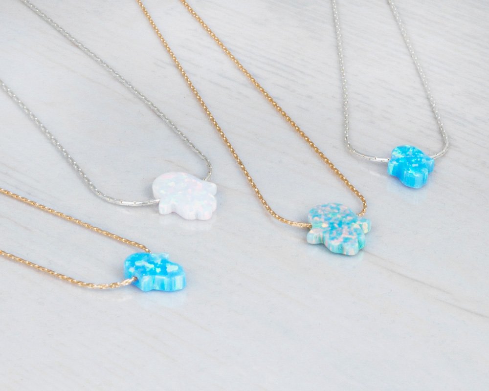 Delicate 14K Gold Filled Opal Hamsa Choker Necklace - Designer Handmade Minimalist Collar with Small White Hand - 13.5 inch + 3 inch extending chain