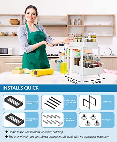 Metal Under Sink Organizers and Storage for Kitchen Undersink Organizers for Bathroom 2 Tier Pull-out Sliding Drawers Undersink Cabinet Organizer with Anti-rust Coating Handles White