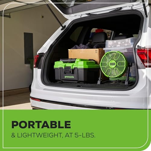 Greenworks 24V 10" (5-Speed) Fan (500 CFM), Hybrid (AC / DC), 2.0 Ah USB (Power Bank) Battery and Charger Included