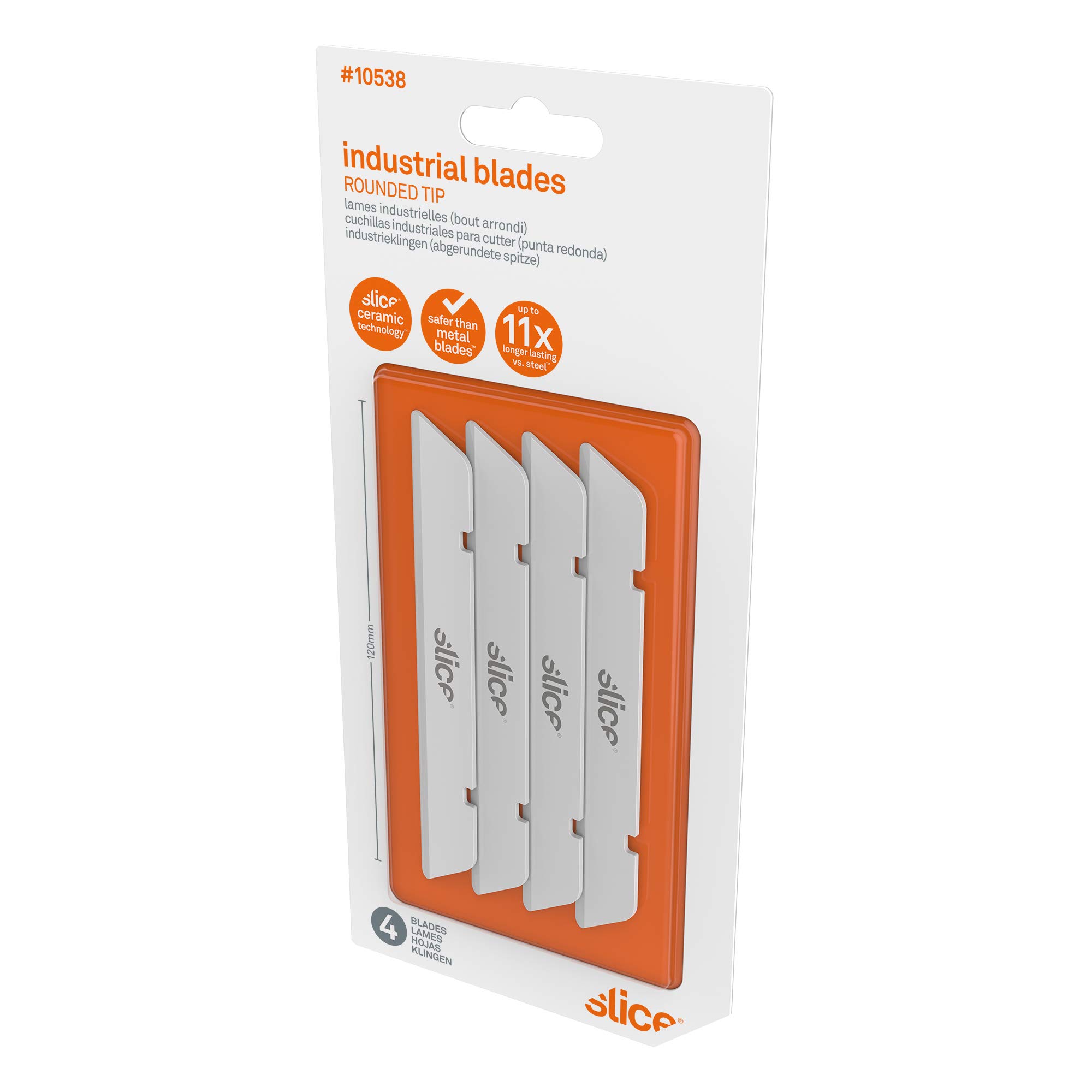 Slice 10538 Extra Long Industrial Blade, Advanced Ceramic, Ideal for Insulation, Batting, Foam, Finger-Friendly Safety Blade, Lasts 11x Longer Than Metal, Rounded Tip (4 Pack)