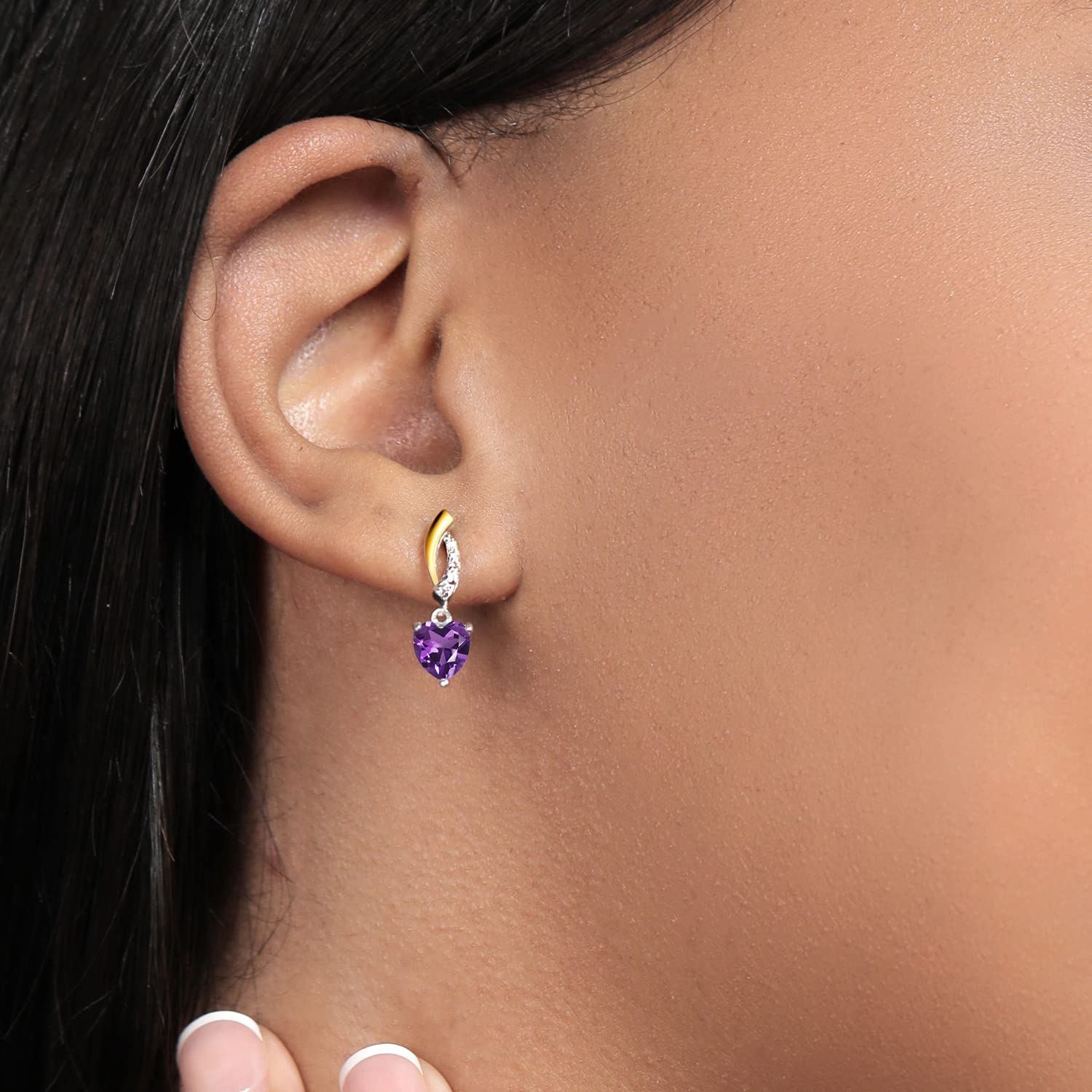 Gem Stone King 925 Sterling Silver and 10K Yellow Gold 6MM Heart Shape Gemstone Birthstone and White Lab Grown Diamond Dangle Earrings For Women
