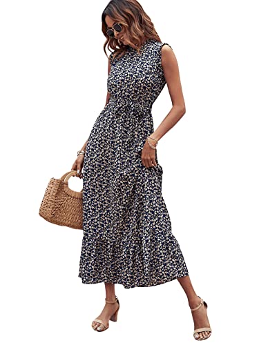 SweatyRocks Women's Floral Sleeveless Ruffle Hem A Line Midi Dress Mock Neck Belted Dresses Blue White S