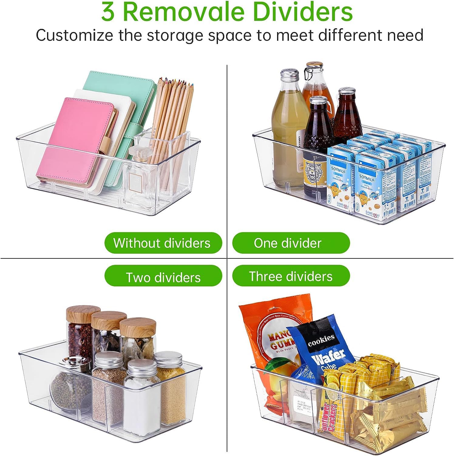 wilfox Pantry Organizer, 7 Pack Clear Organizer Bins with Removable Dividers, Pantry Organizers and Storage, Fridge Organizer and Cabinet Organizer for Snack, Pouches, Spice Packets