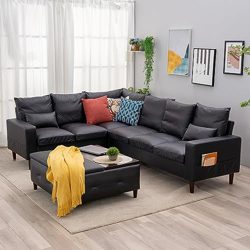 Panana6 Seater Convertible Sectional Sofa L-Shape Sofa Couch Linen Fabric Upholstered for Living Room, Apartment, Office (Black Leather Look Fabric, 6 Seater L Shape Corner Sofa)