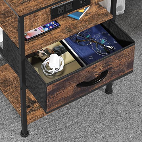 NOVIMANGO Nightstand with Charging Station Bedside Tables with Drawer Bedroom End Table Small Side Tables with USB & AC Ports Industrial End Table with Storage for Living Room Dorm Farmhouse Brown