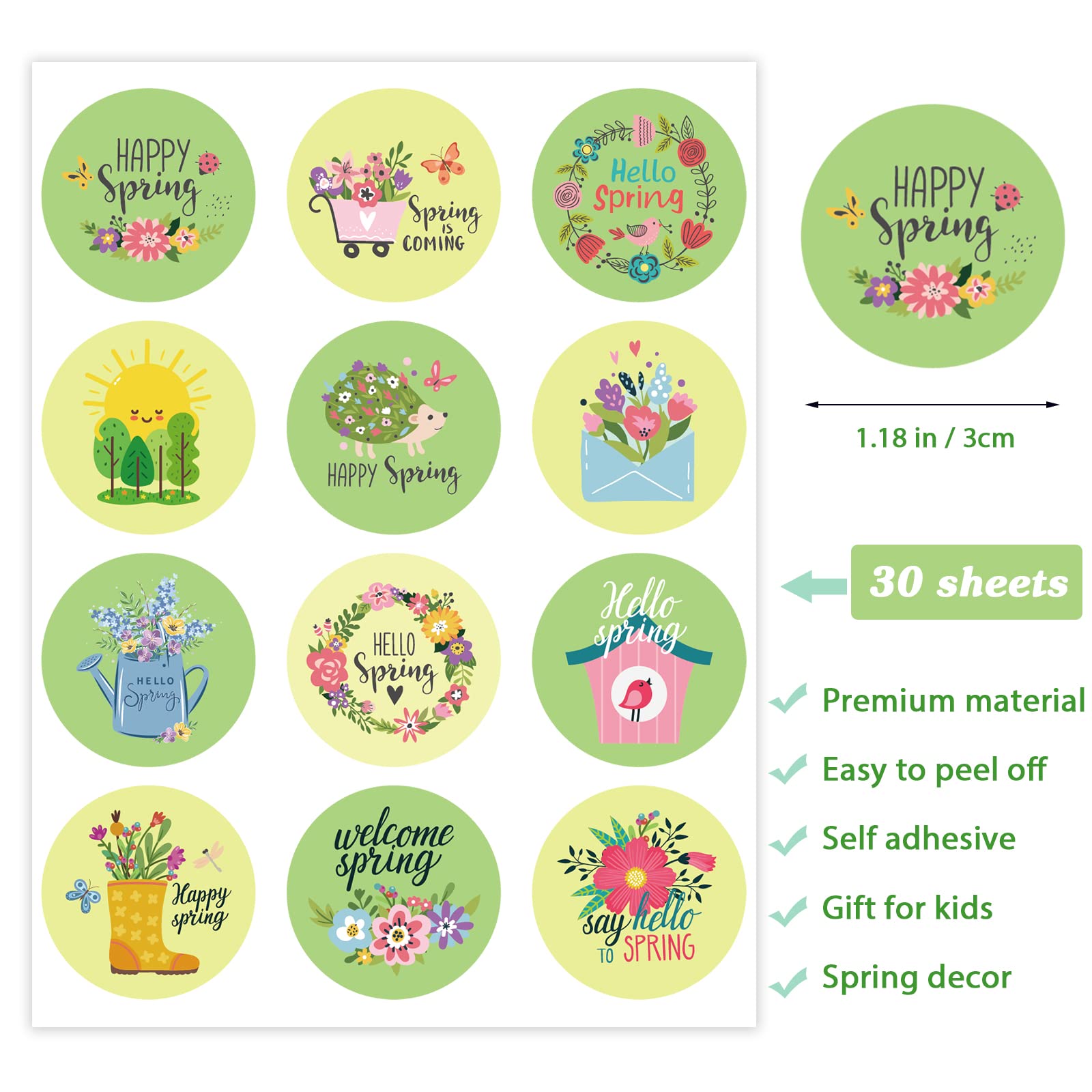 Lucleag Happy Spring Stickers for Kids, Round Hello Spring Stickers, 12 Styles Spring Flowers Birds Butterfly Stickers for Candy Goodies Envelope Seals Gift Card Stickers Spring Party Decor 360pcs