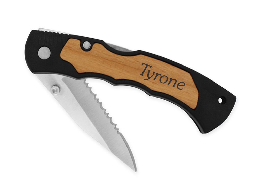 Dimension 9 Laser Engraved Alder Wood Personalized Stainless Steel Blade Folding Pocket Knife with Clip, Shane, Black