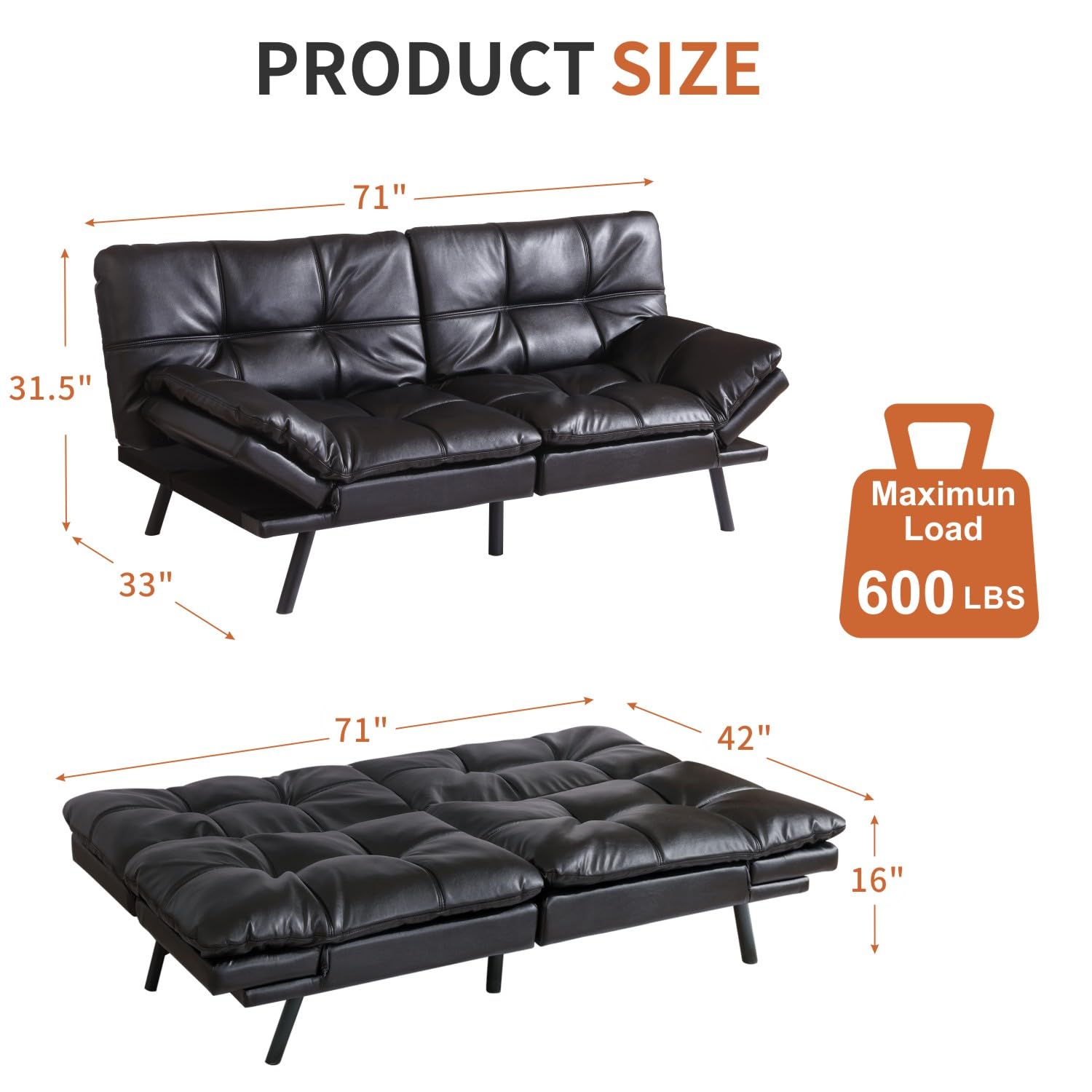 MUUEGM Futon Sofa Bed,Memory Foam Futon Convertible Couch Bed, Sofa Bed Couch,Modern Loveseat Sofa,Sleeper Couch for Small Space,Apartment, Living Room,Adjustable Backrests Armrests,Black