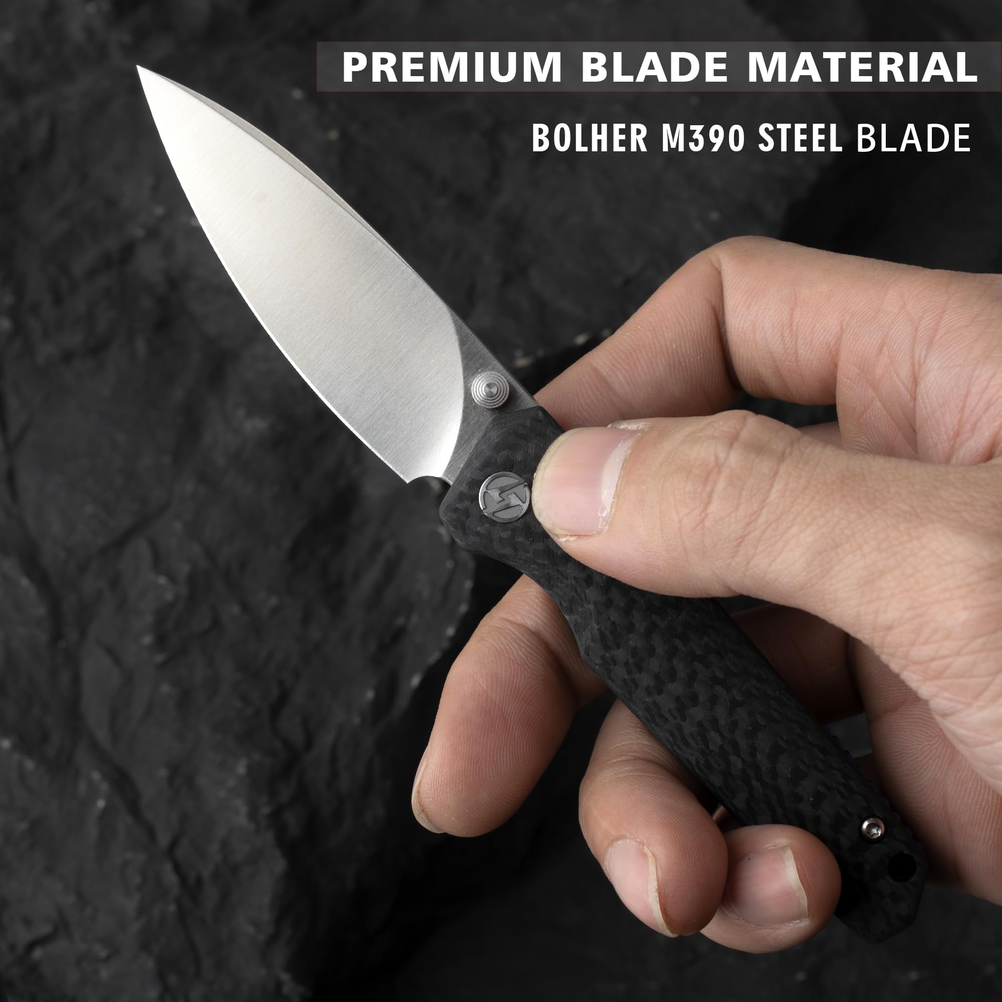 OLITANS C045 Mini Folding Knife 2.6" M390 Blade White Carbon Fiber Handle, Sharp Crossbar Lock Small Folding Knife with Deep Carry Pocket Clip For EDC（Satin）