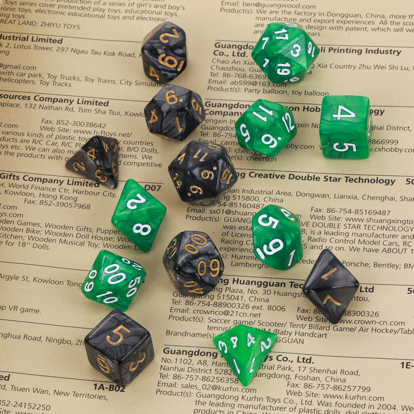 Grevosea 2 Set DND Dice, 14 Pieces Polyhedral Dice Set Table Game Dice with Drawstring Bags D4 D6 D8 D10 D% D12 D20 Multisided Dice for DND MTG RPG Role Playing Dice Games(Green, Black)