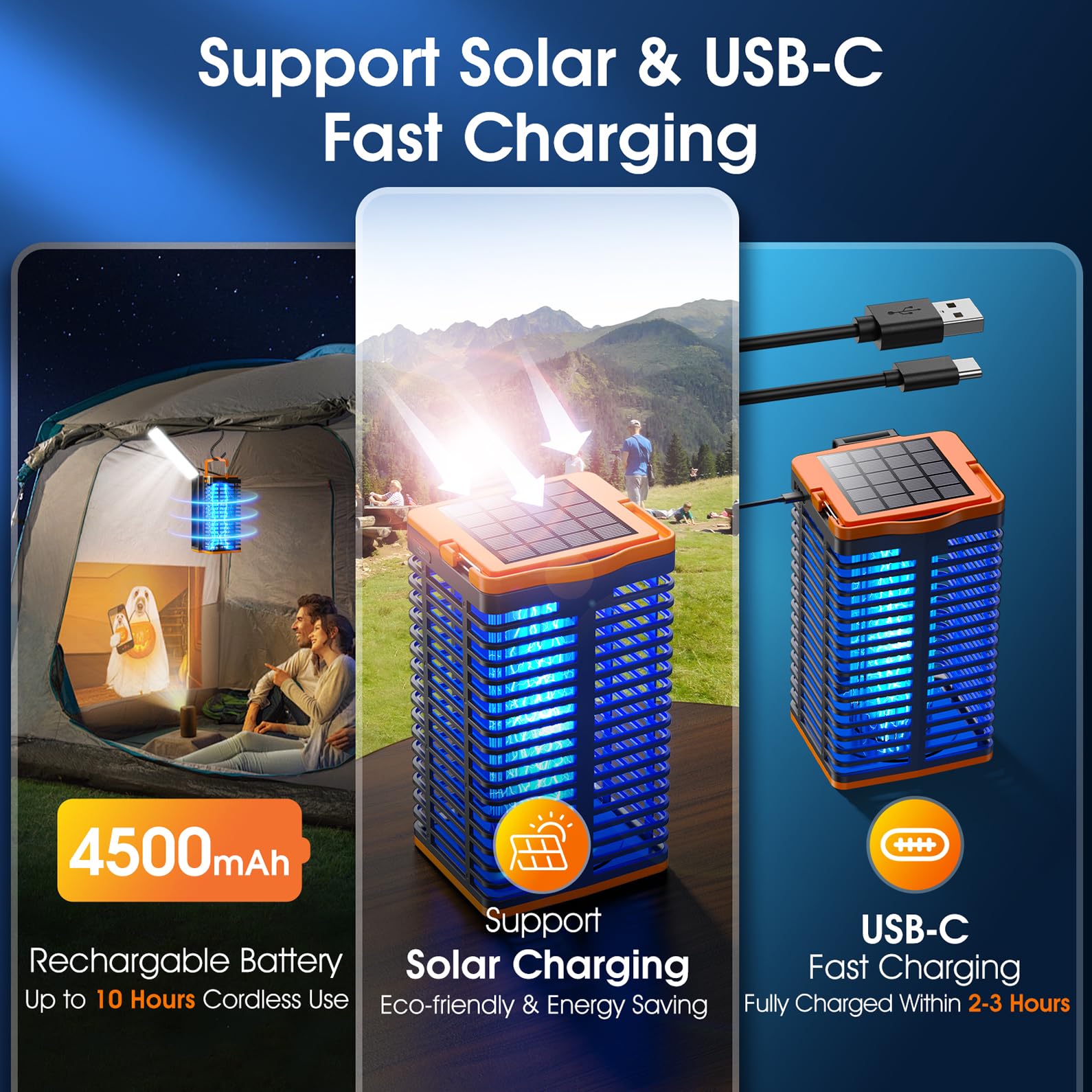kiies Solar Bug Zapper Outdoor,2 in 1 Mosquito Zapper Cordless & Rechargeable, 4200V Portable Fly Zapper Insect Trap with Reading Lamp for Camping Patio Backyard Garden