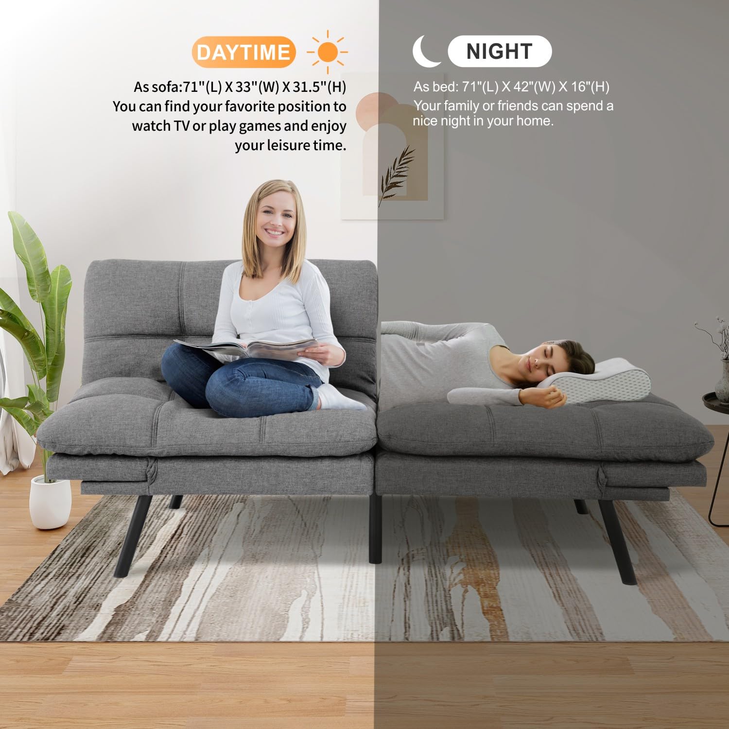 MUUEGM Futon Sofa Bed Couch,Memory Foam Futon Convertible Sofa Bed, 71″Fabric Futon with Convertible Backrest,Modern Loveseat Sofa,Sleeper Couch for Compact Space,Apartment,Living Room,Light Grey