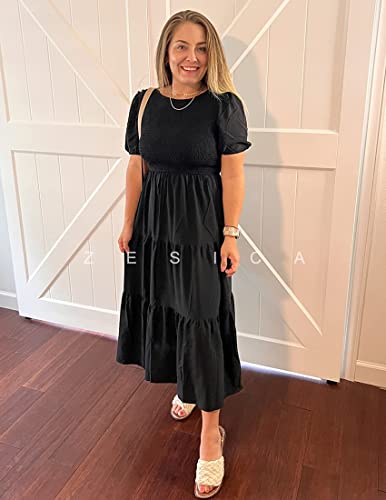 ZESICA Women's 2023 Casual Summer Crew Neck Short Puff Sleeve Smocked High Waist Ruffle Tiered A Line Midi Dress,Black,Medium