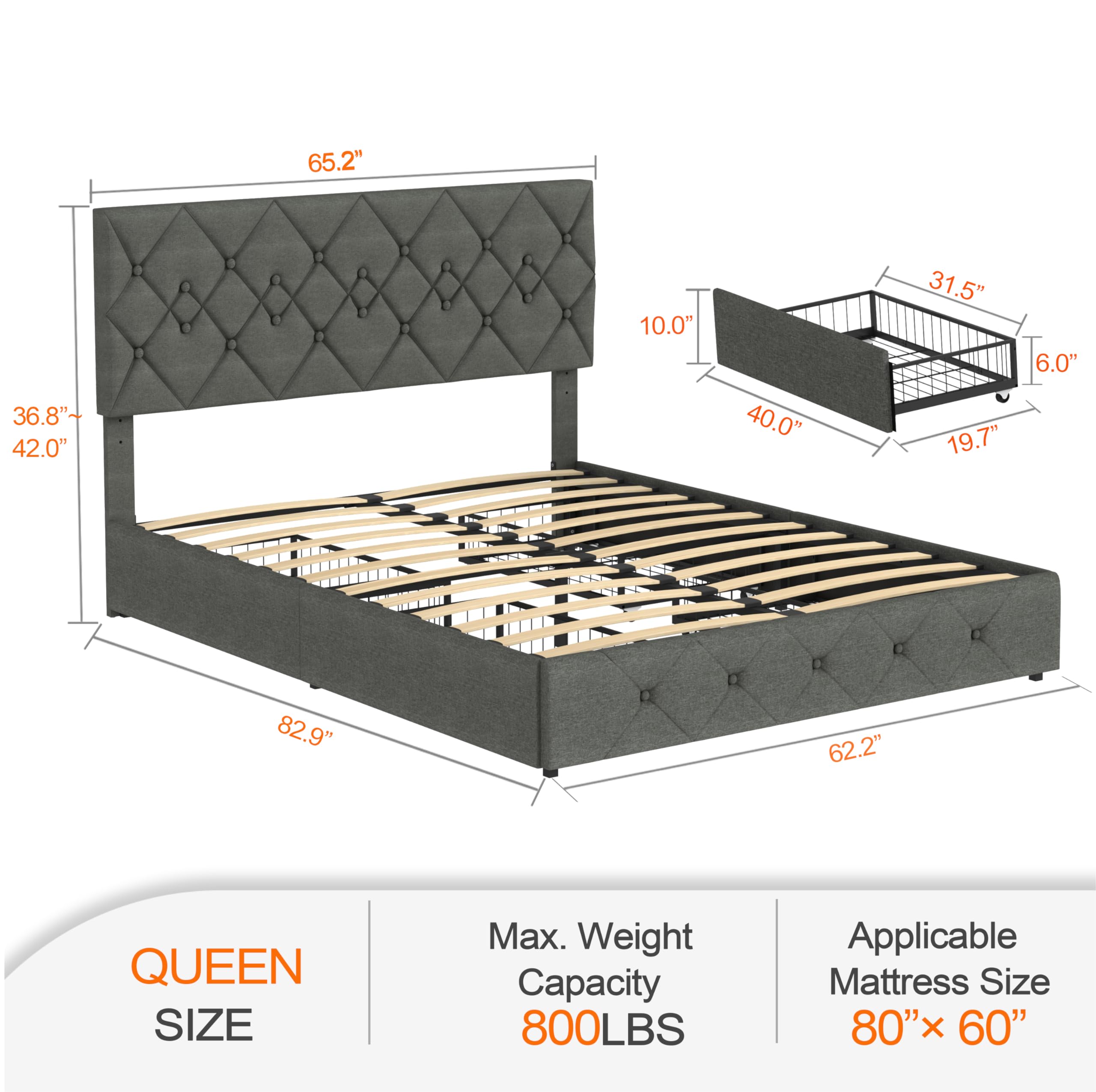 Olivae Queen Bed Frame with 4 Storage Drawers, Linen Fabric Tufted Adjustable Headboard Bed Frame with Wooden Slats Support, No Box Spring Needed, Non-Slip, Noise-Free, Easy Assembly