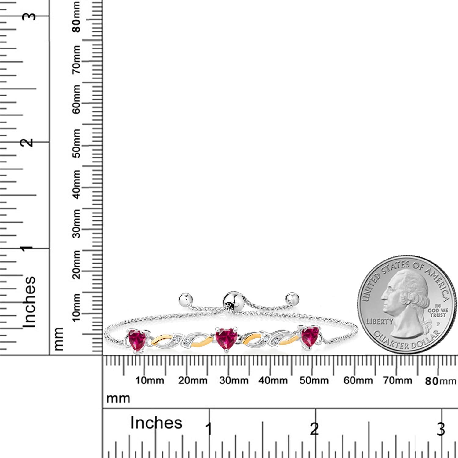 Gem Stone King 925 Sterling Silver and 10K Yellow Gold Red Created Ruby and White Lab Grown Diamond Heart Shape Tennis Bracelet For Women (1.83 Cttw, Fully Adjustable Up to 9 Inch)