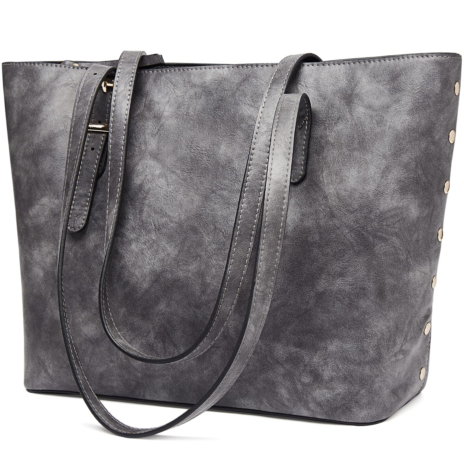 FOXLOVER Vegan Leather Tote Bags for Women Large Capacity Shoulder Bag Vintage Satchel Handbag Purse (Grey)