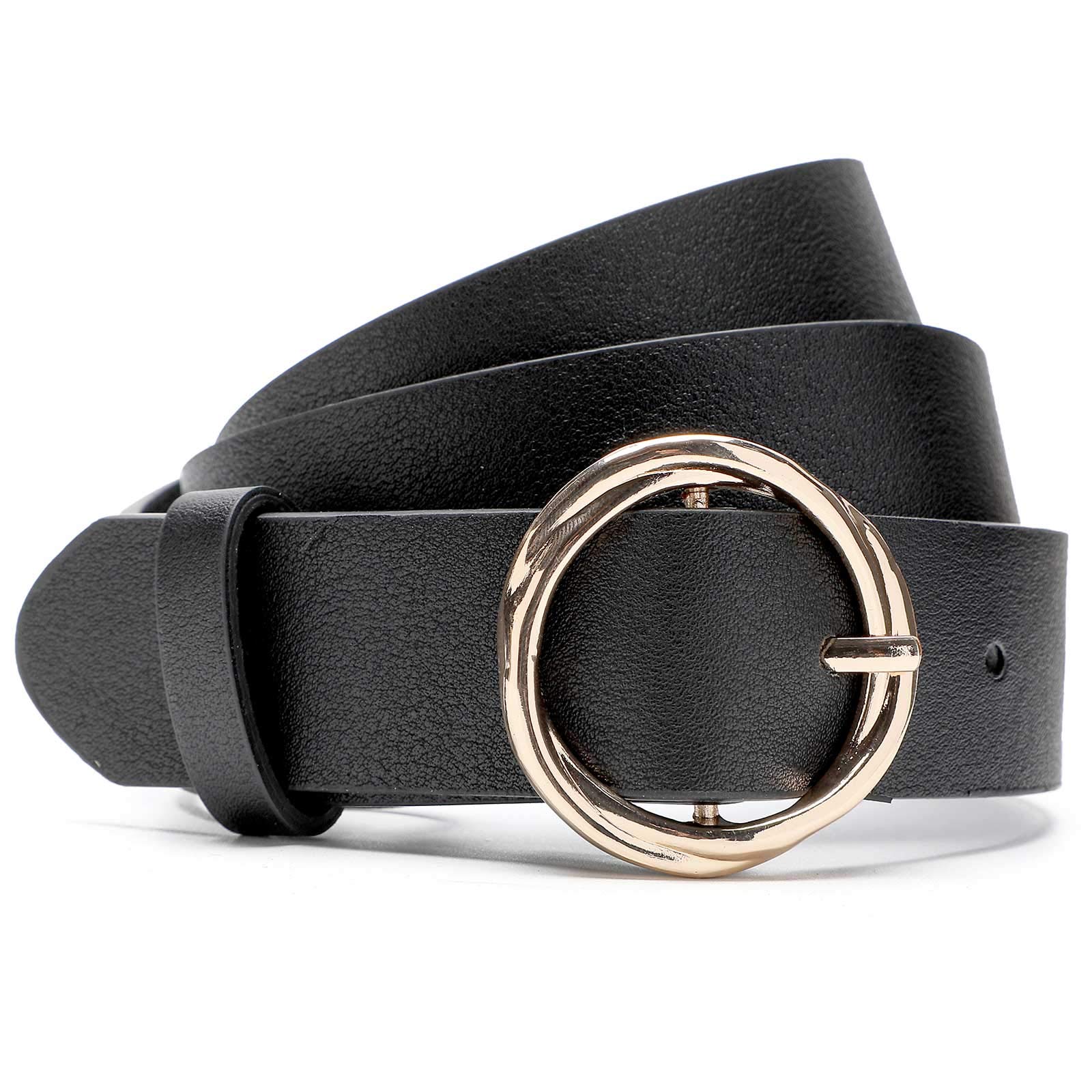 Earnda Women's Black PU Belt Gold Circle Design Buckle Strap for Jeans Small