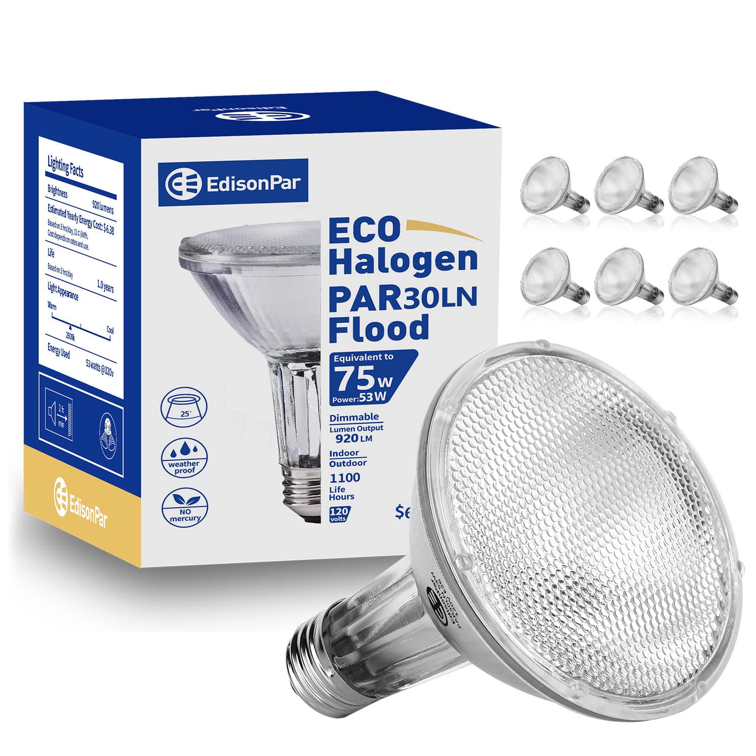 EdisonPar PAR30 Long Neck ECO Halogen Bulb 6 Pack 75W Equivalent, 25° Flood Light Dimmable E26 Base, 2900K Warm White Light CRI100 120V (PAR30LN Count of 6)