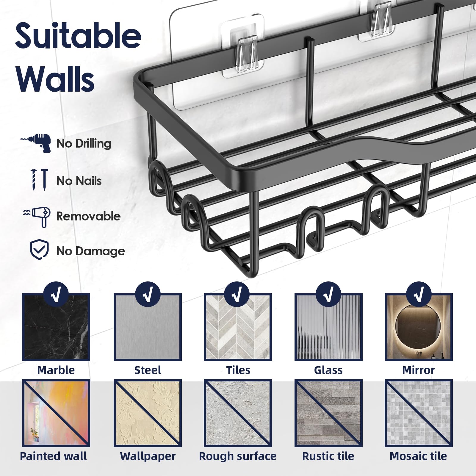 NESOMI Shower Caddy Adhesive Shower Organizer Bathroom Shower Shelves, Wall Shelf for Inside Shower Storage with Soap Dish&16 Hooks, Rustproof Stainless Steel No Drilling Rack Home Decor 2 Pack Large