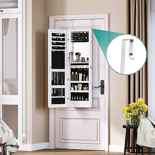 YITAHOME LEDs Jewelry Cabinet Wall Mounted, 47.2" H Jewelry Armoire Over door with Mirror Space Saving Jewelry Storage Organizer, 2 Drawers, Foldable Makeup Shelf, White