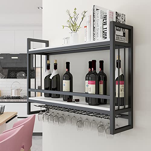 Nordic Iron Wine Rack Wall Hanging Racks,Wall Decoration Metal Wine Bottle Storage Shelf ,Creative Hanging Cup Rack Display Rack with White Wooden Board (Size : 60x20x61cm)
