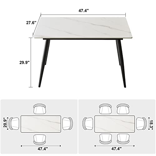 seonyou Dining Table Slate Stone with Sturdy Black Metal Base, White Mid Century Modern Dining Table Kitchen Tables for Small Spaces Rectangular Dining Room Table Restaurant(47“L)