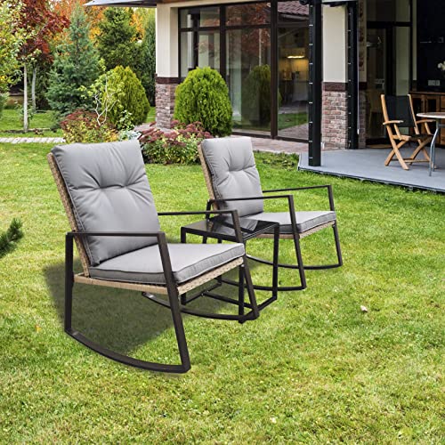YIYAN 3 Piece Bistro Set Outdoor Patio Rocking Wicker Chairs with Washable Cushion and Coffee Table (Gray)
