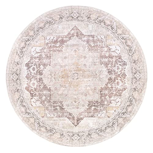 nuLOOM Rosa Machine Washable Distressed Vintage Medallion Area Rug, 6' Round, Light Pink
