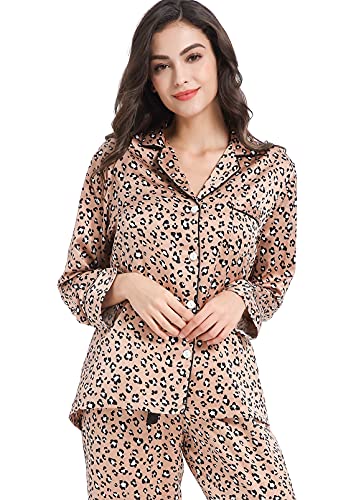 Serenedelicacy Women's Satin Pajama Set 2-Piece Sleepwear Loungewear Long Sleeve Button Down Silky PJ Set (Medium, Tan/Black/Ivory, Leopard)