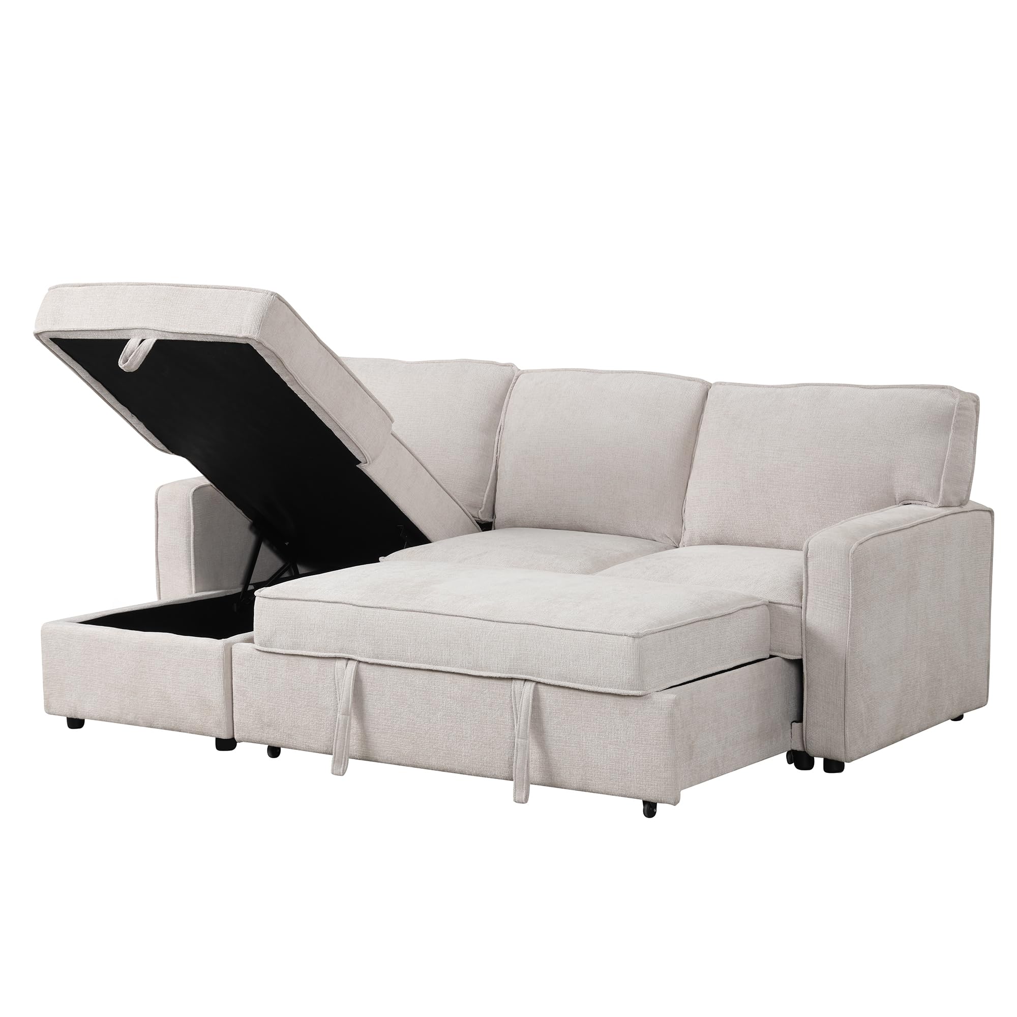 kevinplus 89'' Sectional Sofa Couch L-Shaped with Storage Chaise Lounge for Living Room, Modern 3-Seat Sleeper Sofa Couch with Pull-Out Bed, Cupholder & USB Port, Polyester Fabric, Beige