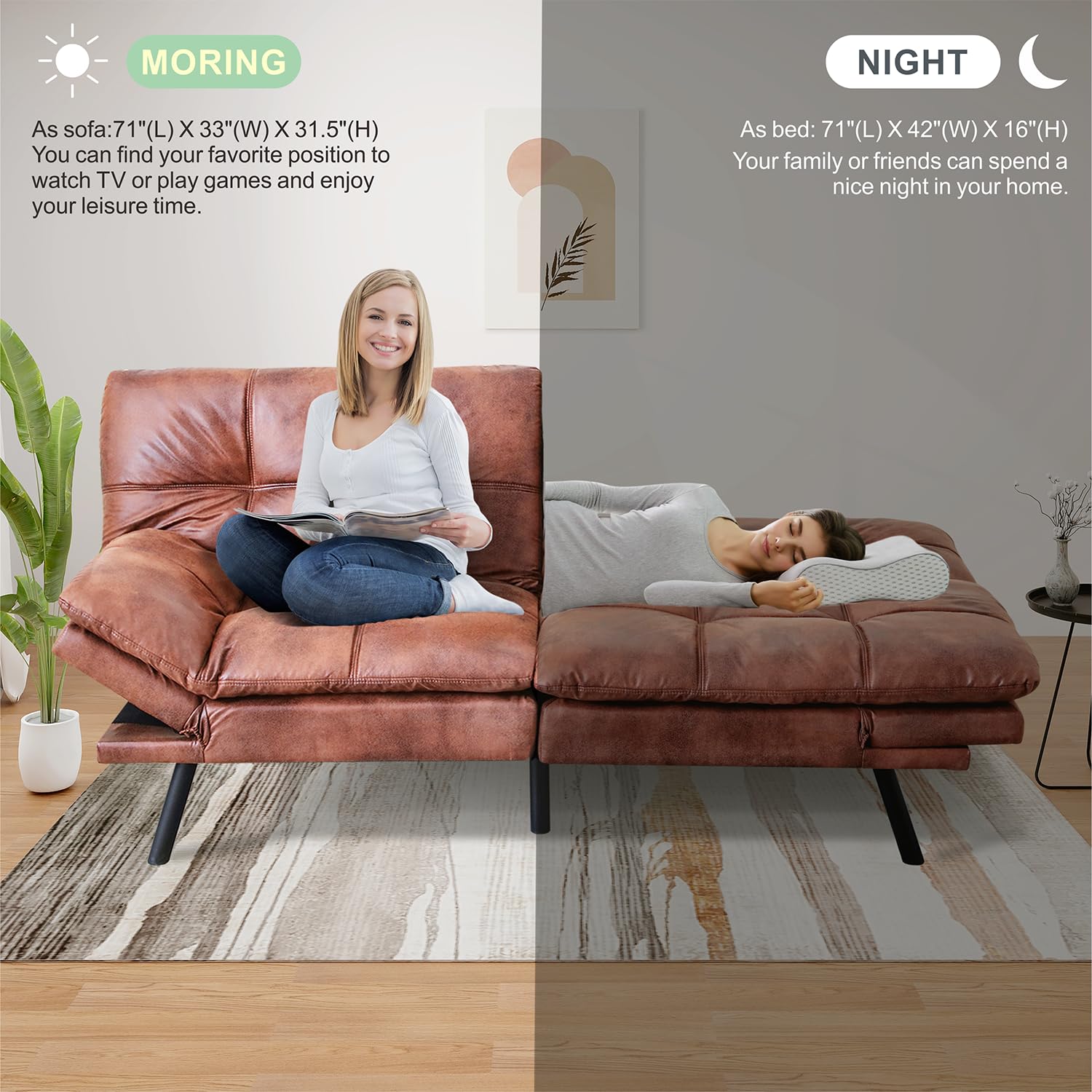 MUUEGM Futon Sofa Bed,Convertible Futon Couch, Memory Foam Futon, Sofa Bed Couch,Modern Loveseat Sofa,Comfy Sleeper Sofa for Compact Space,Apartment, Living Room,Easy Assemble,Brown
