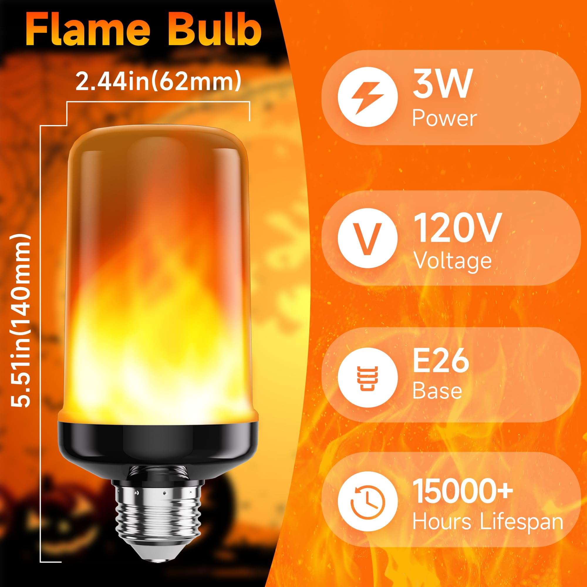 hyrion LED Flame Light Bulbs, 4 Modes Flickering Light Bulbs, E26 Base Fire Flame Bulb with Upside Down Effect, Halloween, Christmas Party Porch Outdoor Indoor Home Decor (2 Pack)