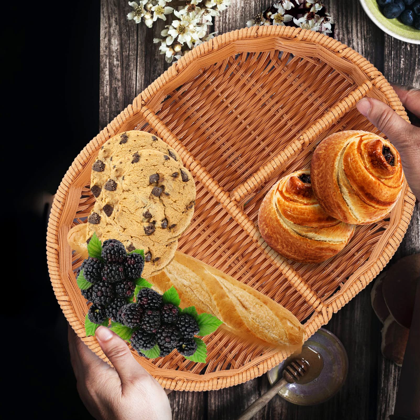 DOITOOL Rattan Serving Tray 3 Compartments Wicker Fruit Bread Basket Woven Ottoman Tray Rustic Cupcake Snack Candy Serving Platter for Appetizer Vegetable Storage
