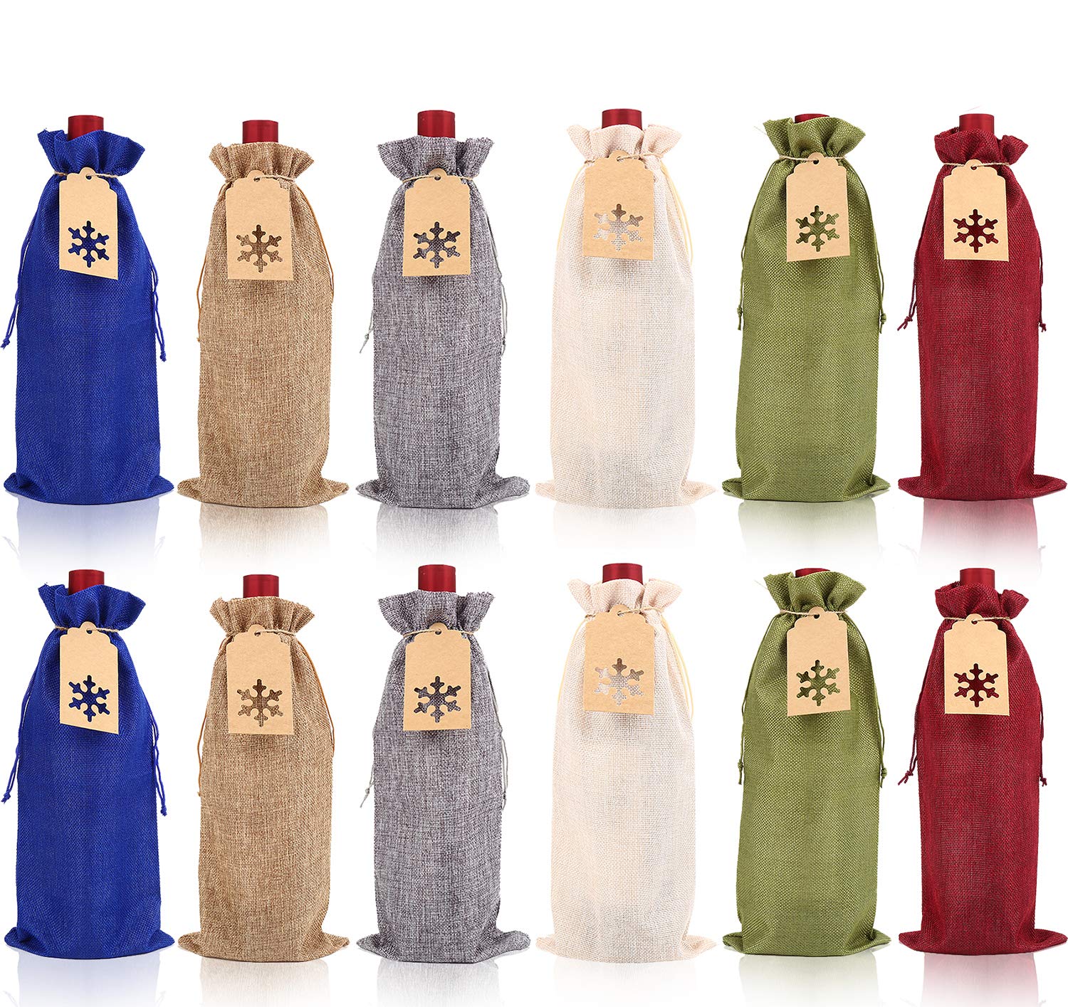 DIYASY Burlap Wine Gift Bags,12 Pcs Christmas Wine Bottle Cover with Drawstring,24 Snowflake Tags and Jute Twine for Christmas, Wedding,Birthday,Holiday Party