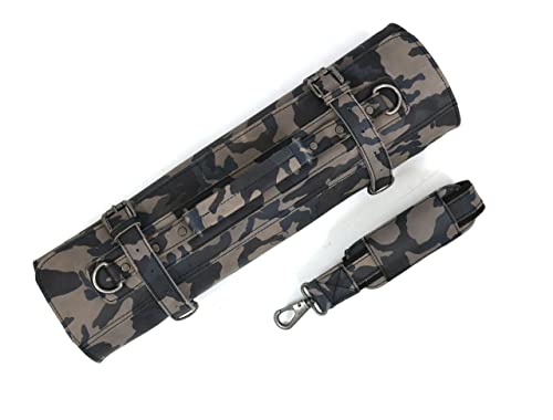 Leather Knife Roll Storage Bag, Elastic and Expandable 10 Pockets, Adjustable/Detachable Shoulder Strap, Travel-Friendly Chef Knife Case (Camo Green, Leather)